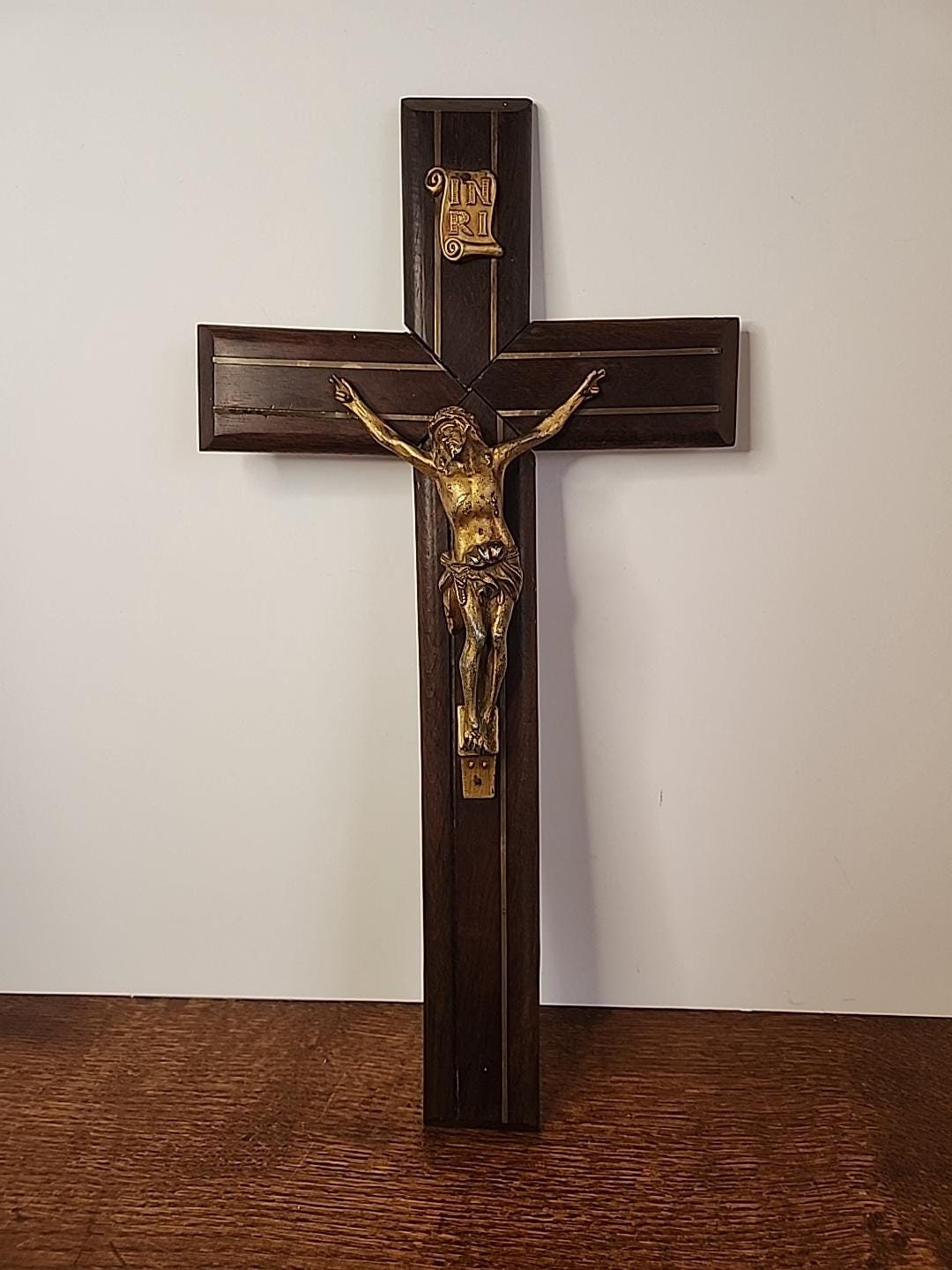 Old Vintage Crucifix Religious Wall Cross Wood / Brass 15 3/4" Tall ...