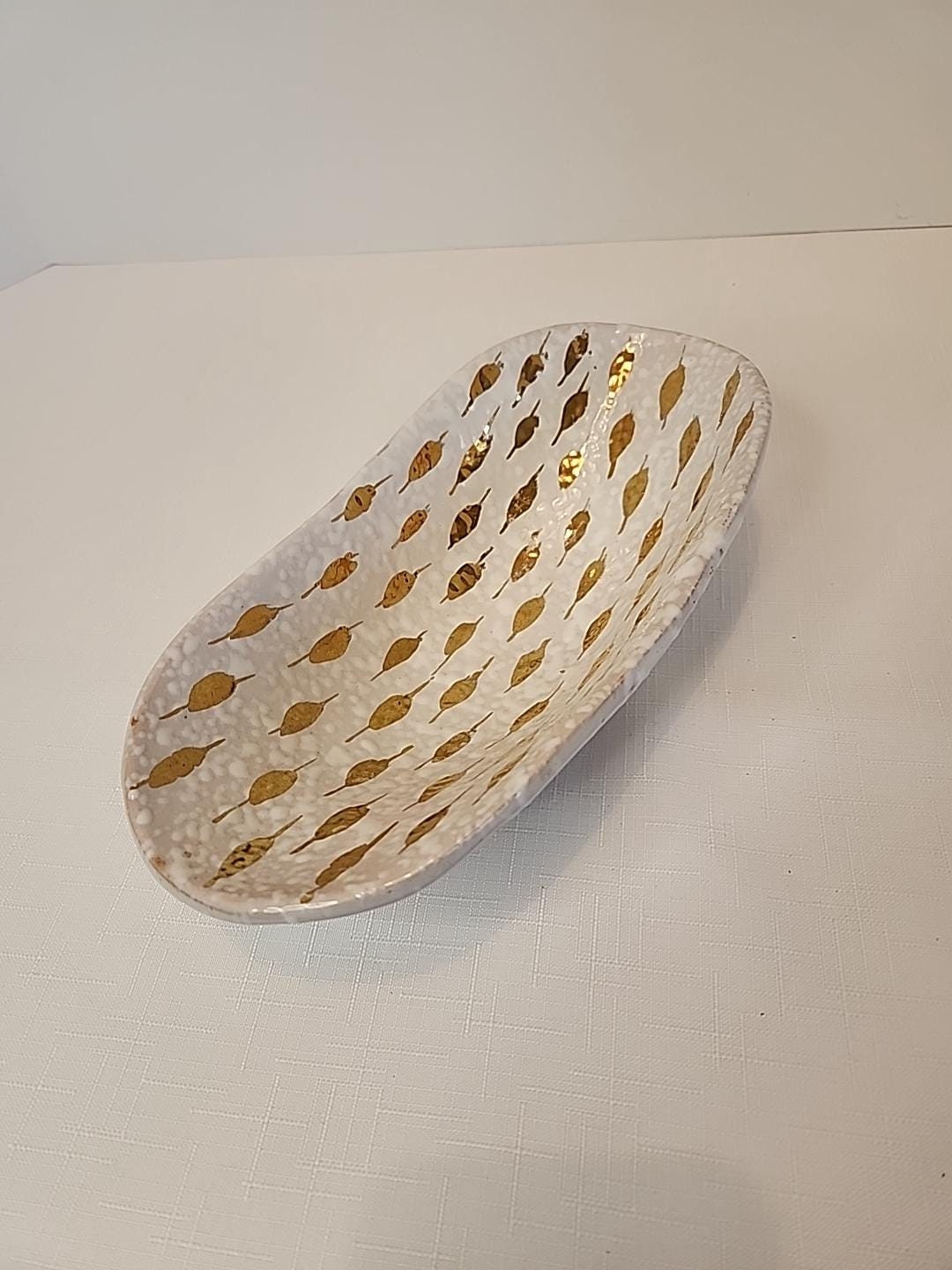 Aldo Londi Bitossi Pottery Bowl Pedestal White Gold Feather Plume ...