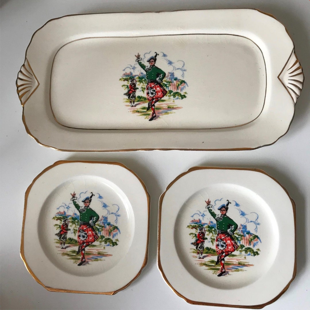 3 Piece Set of Scottish China Sandwich Plate and 2 Small Plates ...