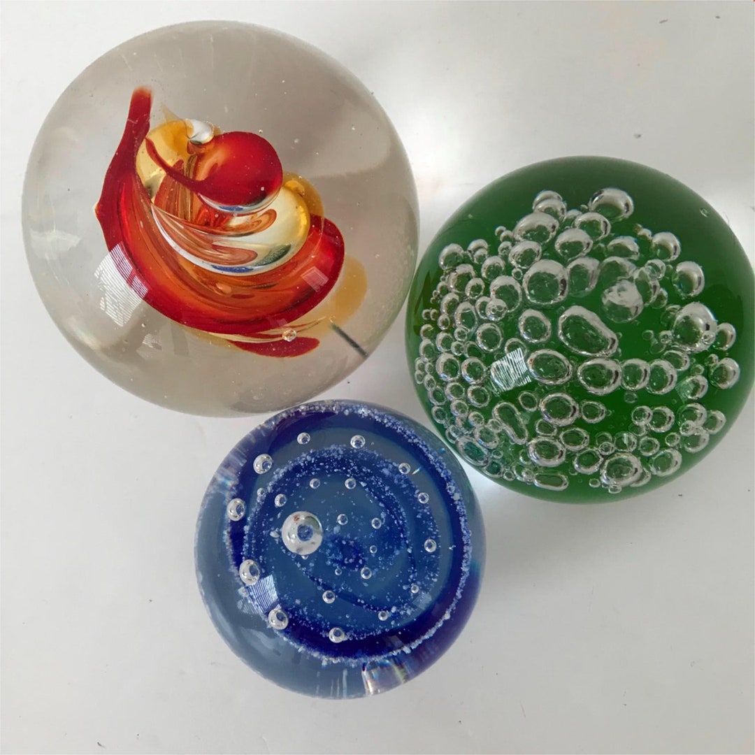 Set of 3 Glass Paperweights Red Green Blue Swirls and Bubbles Small ...