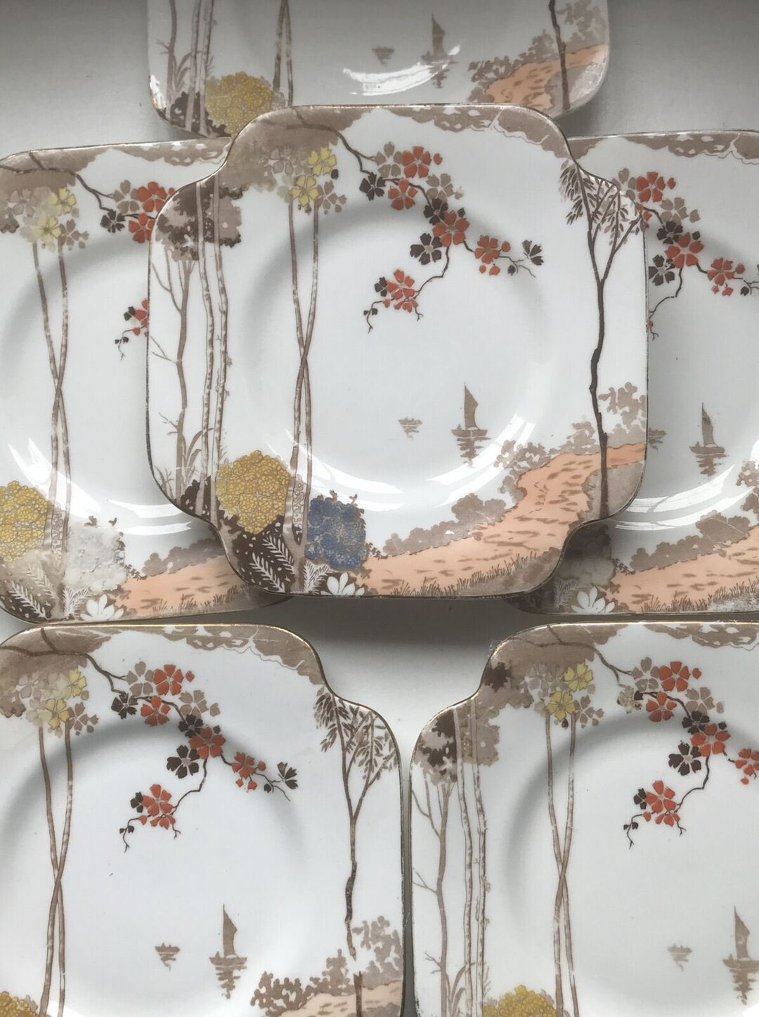 Set of 6 Grafton Arcadia Side Plates Art Deco 1930s. Tall Trees Blossom ...