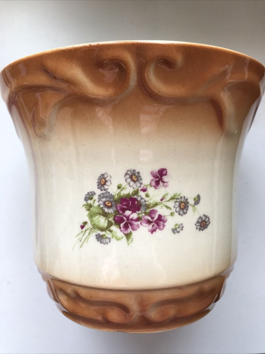 Vintage Brown Cream Ceramic Flower Plant Pot. Pink Floral Indoor ...