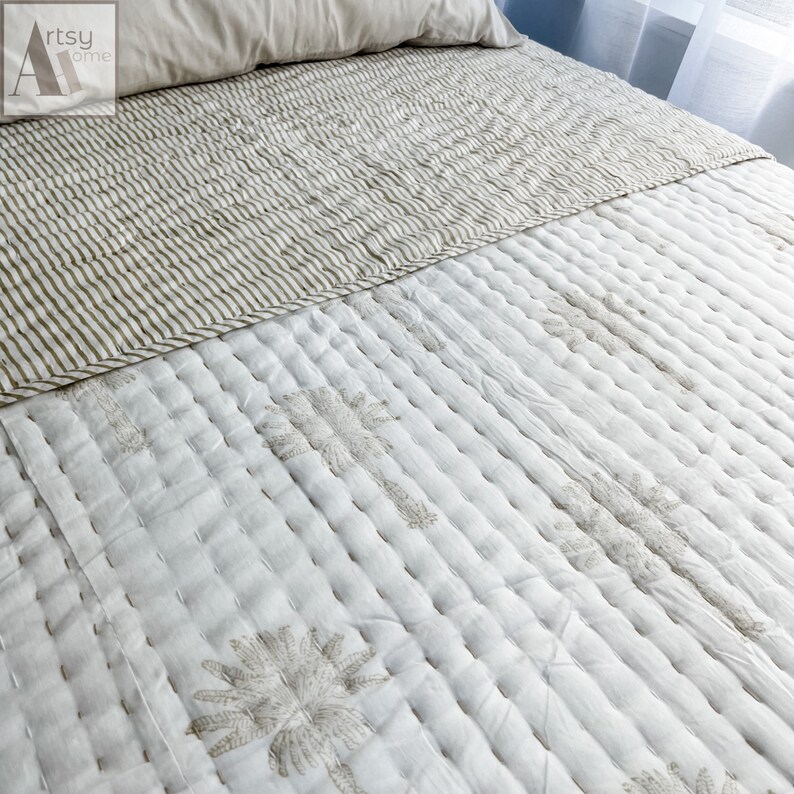 Hand Block Print Palm Tree Queen Quilt Cotton Blanket | Etsy