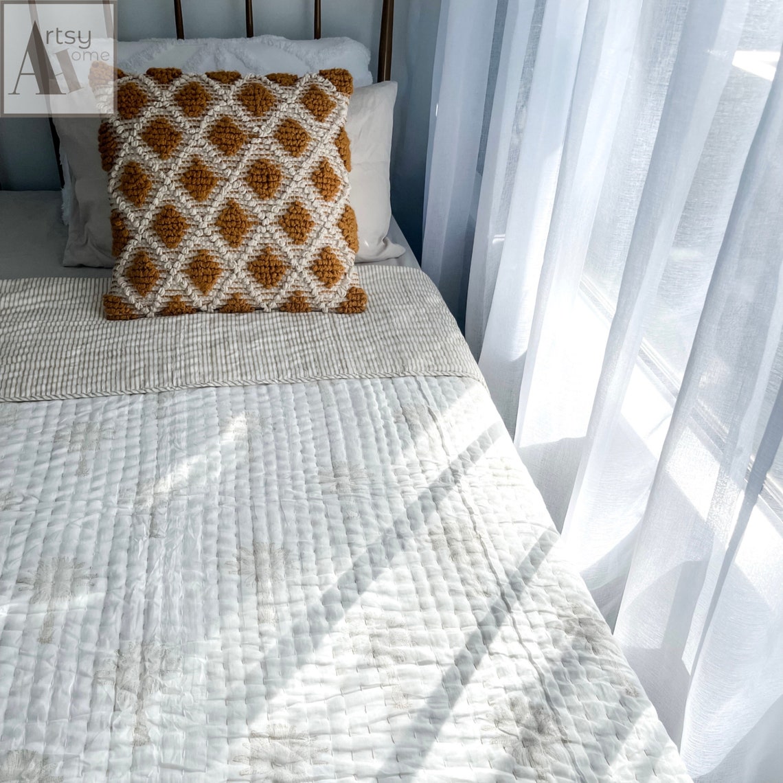 Hand Block Print Palm Tree Queen Quilt Cotton Blanket | Etsy