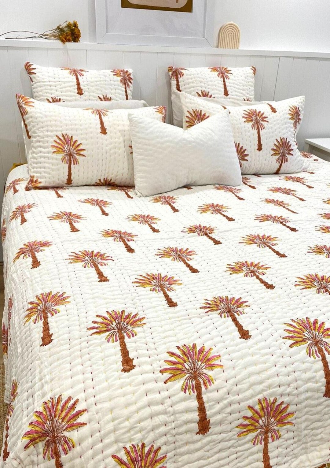 Hand Block Print Handmade Queen Palm Tree Cotton Quilt, Cotton Blanket ...