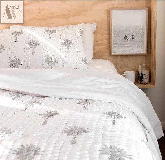 Hand Block Print Palm Tree Queen Quilt Cotton Blanket | Etsy