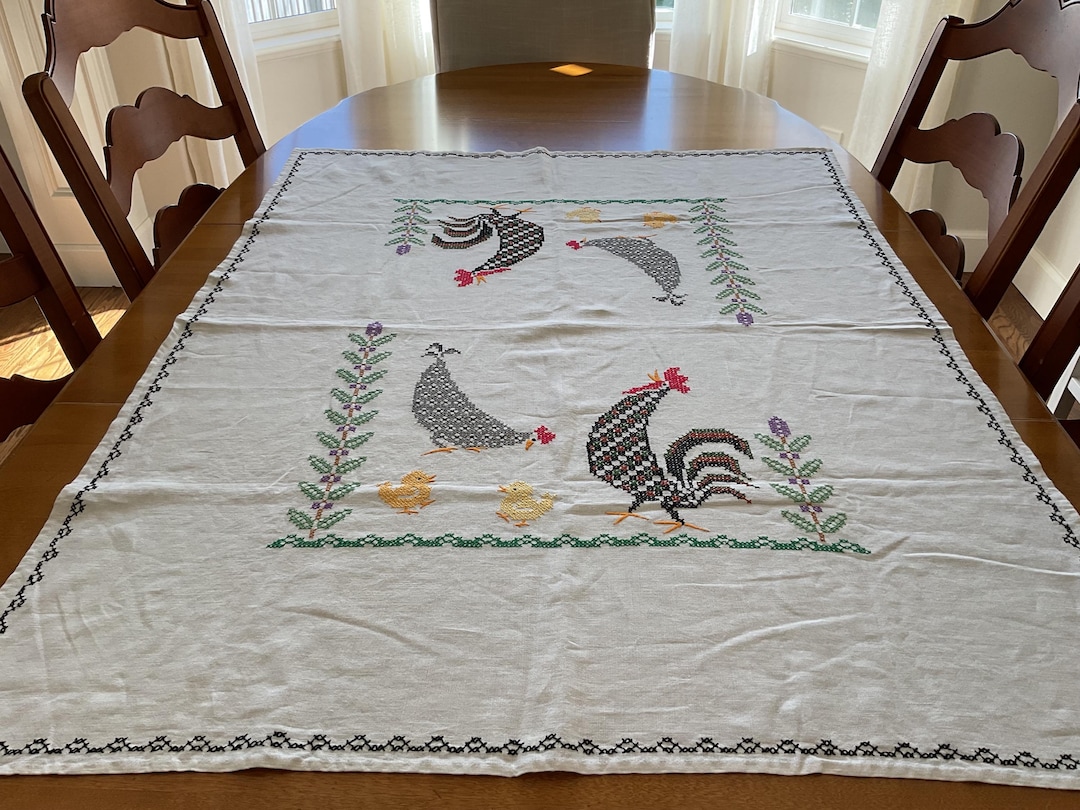 Vintage Rooster Hen and Chicks Cross Stitch Linen Tablecloth 36” X 48 ...
