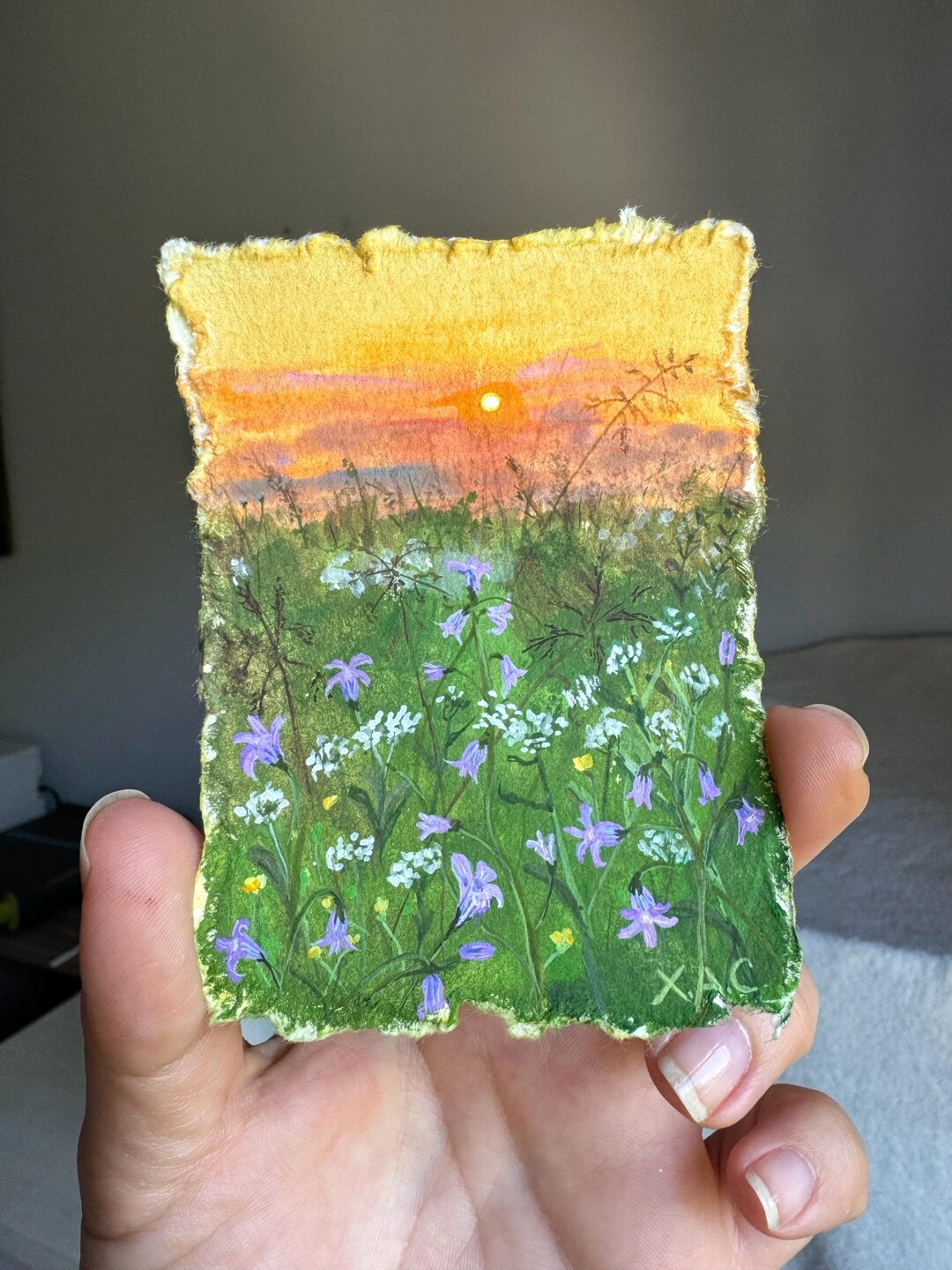 Golden Hour Landscape Painting, Original Floral Gouache Painting, Tiny ...