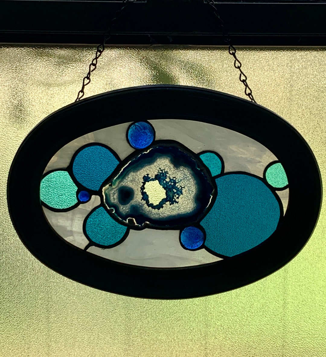 Stained Glass Oval Suncatcher With Blue Geode Slice - Etsy