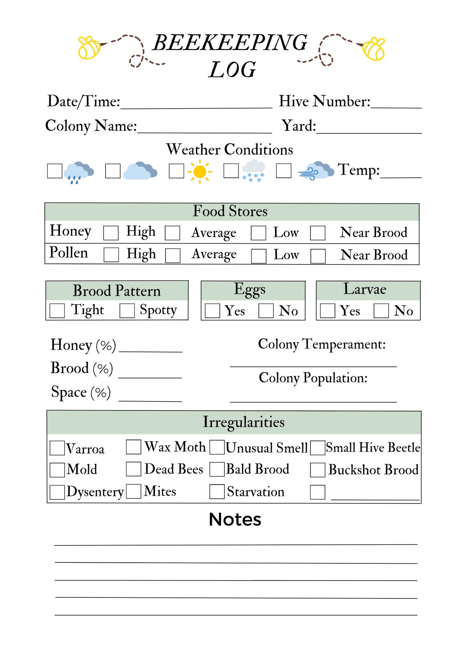 Beekeeping Log Printable, Bee Keeping Record - Etsy