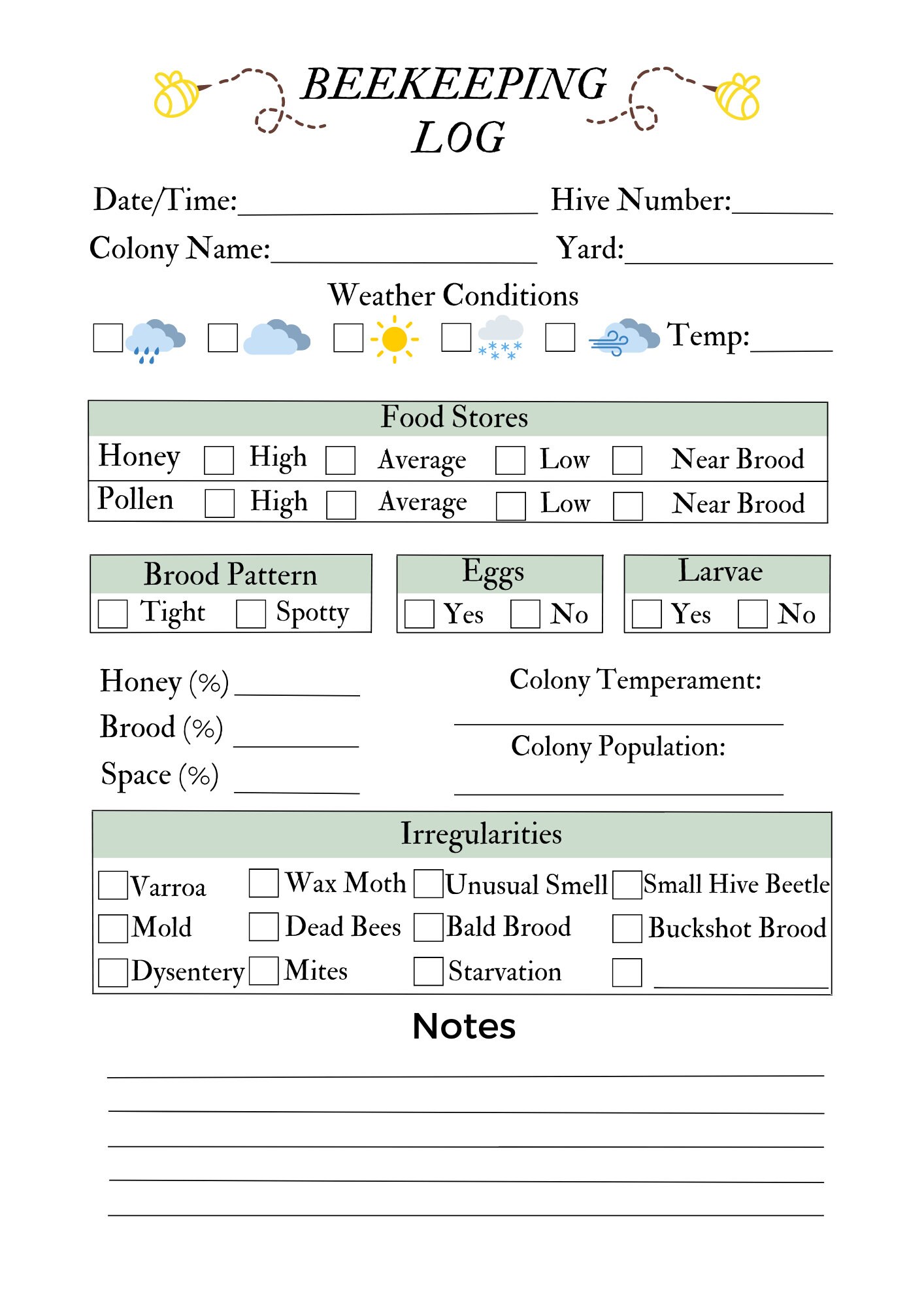 Beekeeping Log Printable, Bee Keeping Record - Etsy