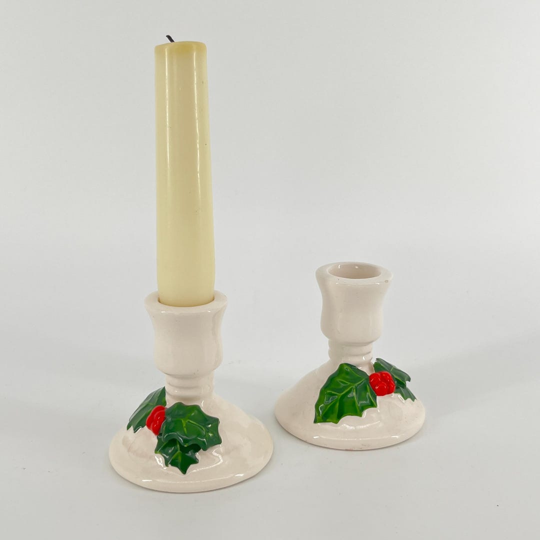Vintage Lillian Vernon 3D Ceramic Christmas Holly Candlestick Taper ...