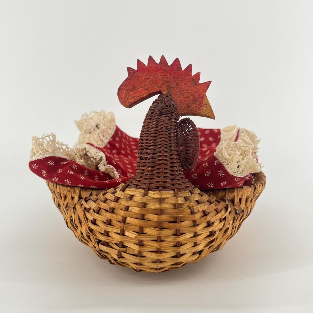 Vintage Woven Wicker & Wood Chicken Rooster Turkey Thanksgiving Bread ...