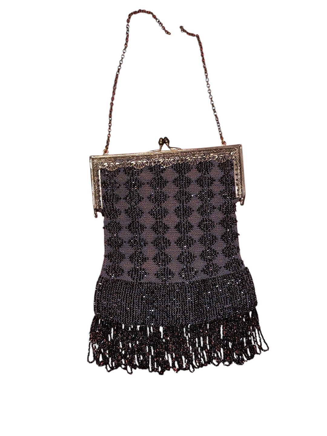 Antique 1900’s Art Deco Nouveau Metal Filigree Navy Carnival Glass Bead ...