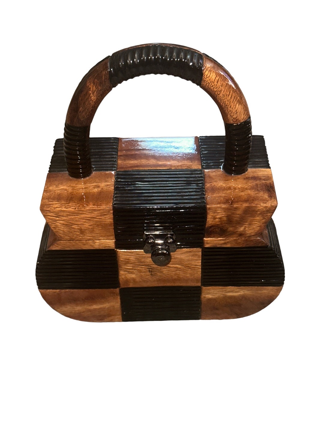 Vintage 90’s Timmy Wood Top Handle Black Brown Checkered Box Bag Purse ...