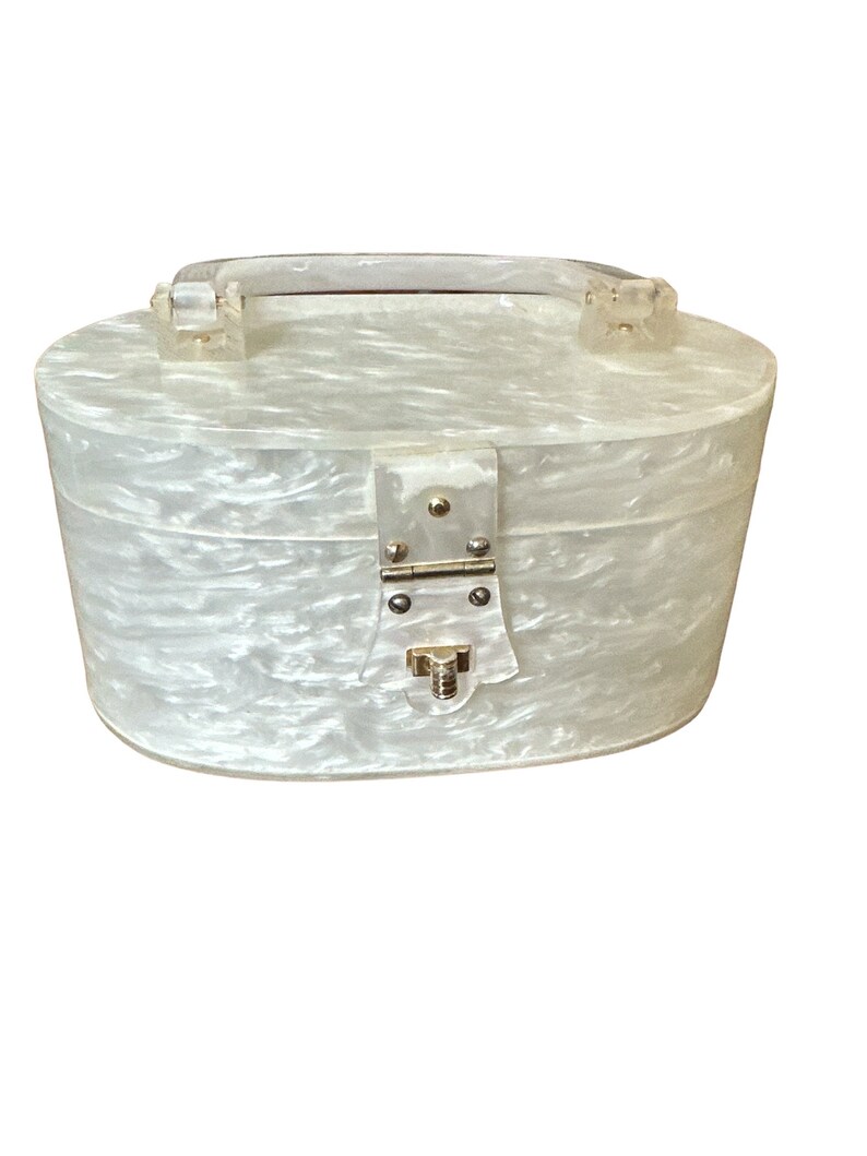 Vintage 60s Top Handle Ivory Swirl Lucite Pillbox Box Bag Purse Handbag ...