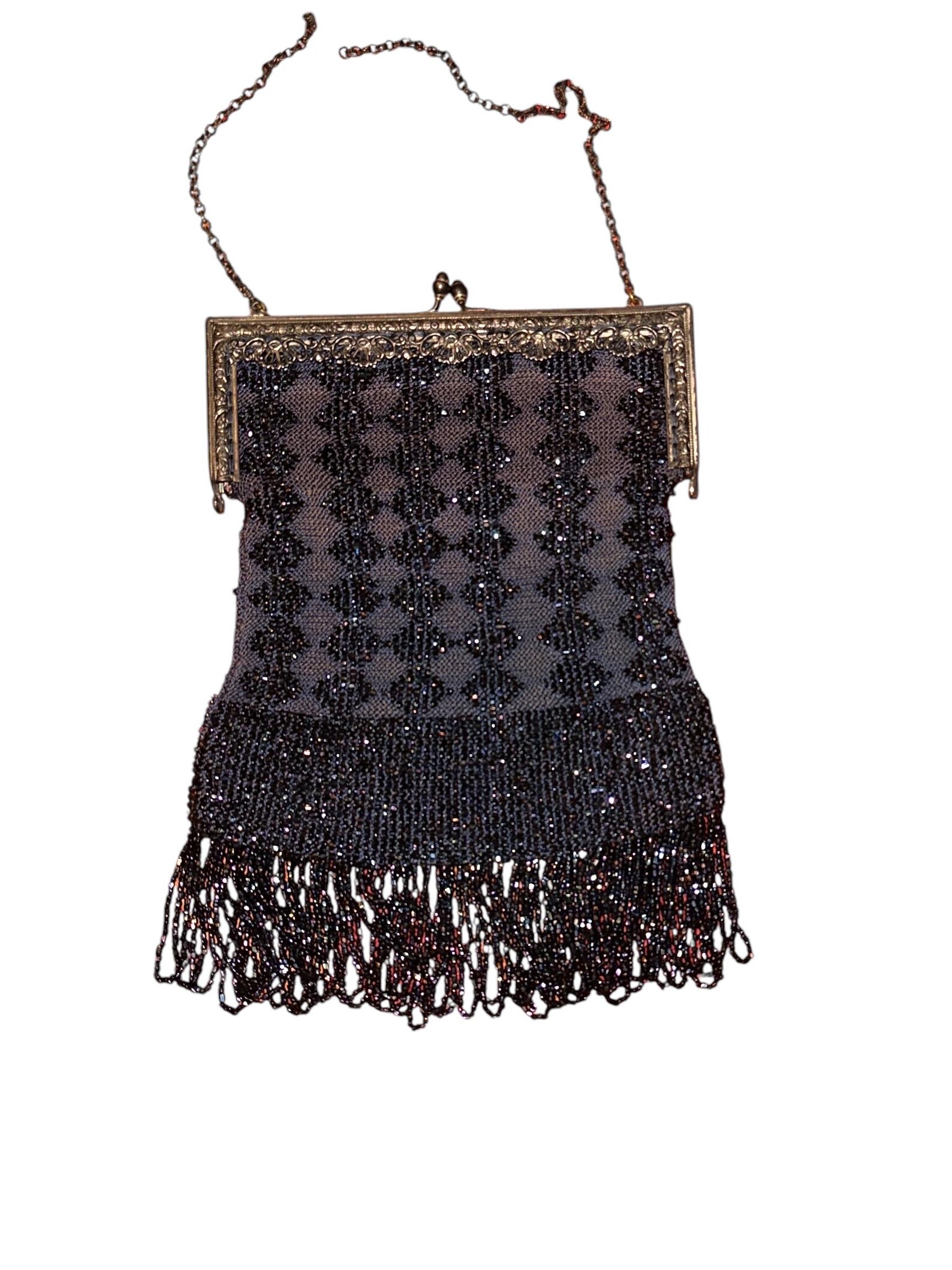 Antique 1900’s Art Deco Nouveau Metal Filigree Navy Carnival Glass Bead ...