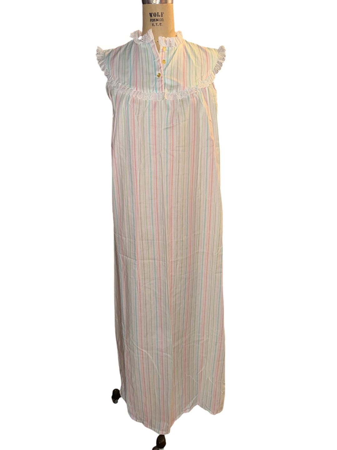 Vintage 80’s Accentuate by Lanz White Sleeveless Candy Stripe Button Lace Maxi House Dress ...