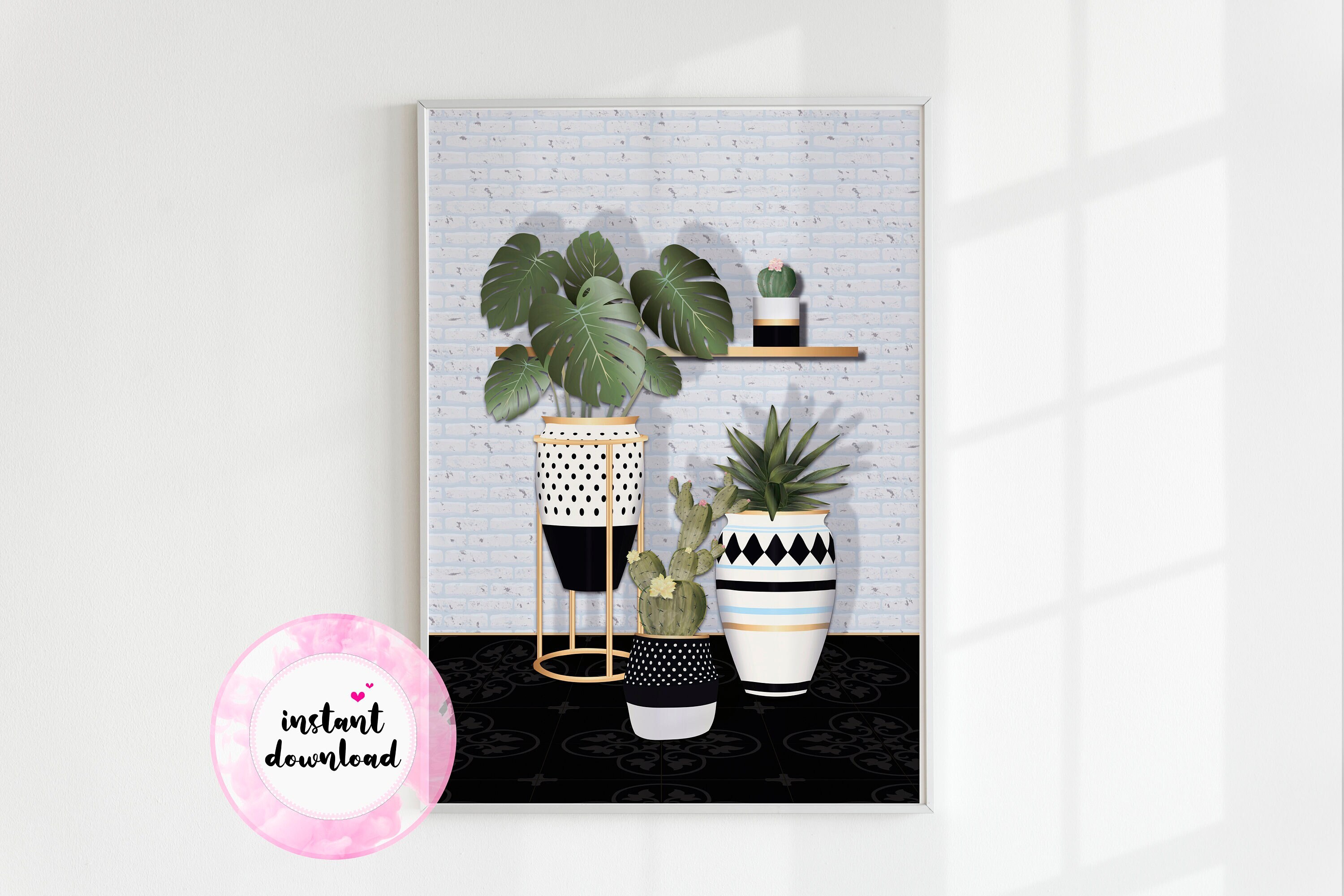 Potted Green Plants Printable Poster, Green Leaves, Black, White, Gold ...