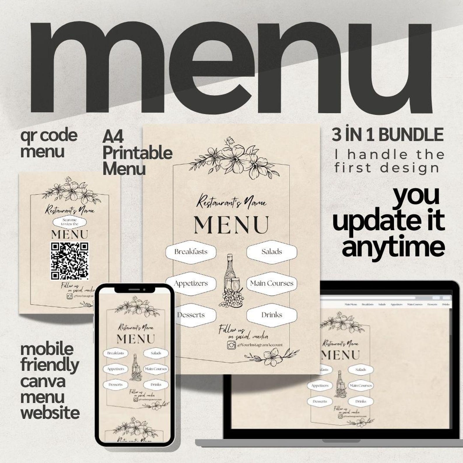 Custom Restaurant Cafe Menu 3-in-1 Bundle, Mobile/desktop Menu Canva ...