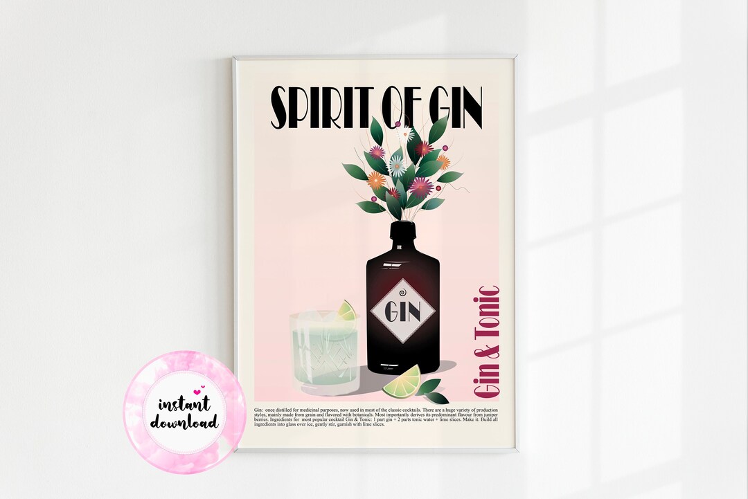 Gin Cocktail PRINTABLE Poster, Gin & Tonic Cocktail Print, Home Kitchen ...