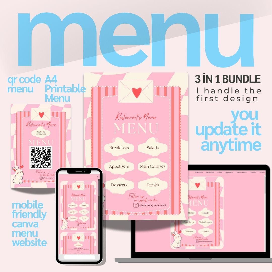 Custom Pink Restaurant Menu, A4, QR Code, Website (canva Template) - Etsy