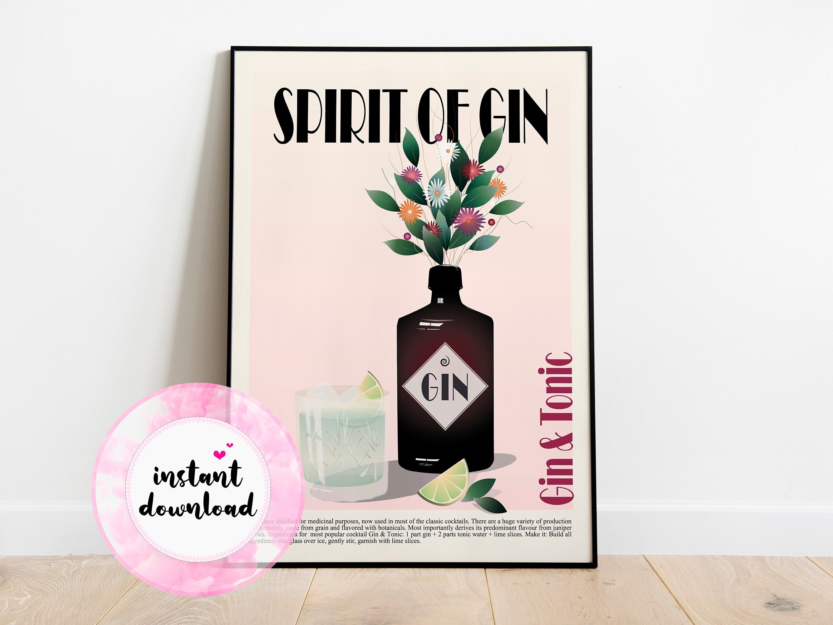 Gin Cocktail PRINTABLE Poster, Gin & Tonic Cocktail Print, Home Kitchen ...