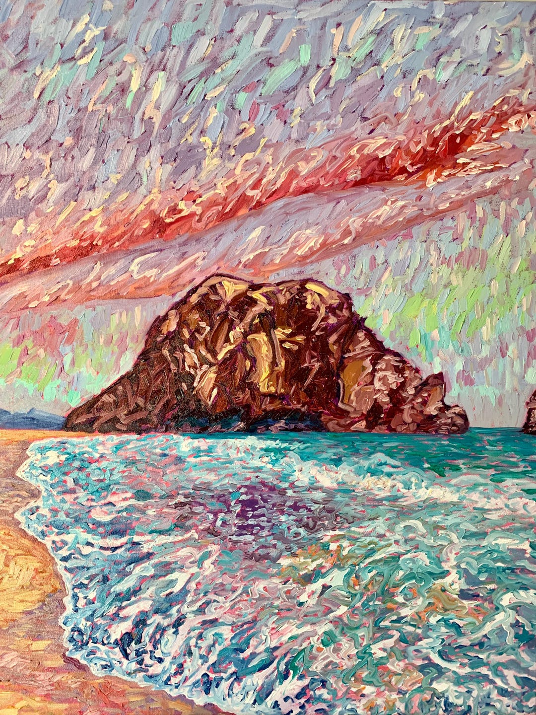 Morro Rock Sunset Oil Painting, Contemporary Abstract Expressionism ...