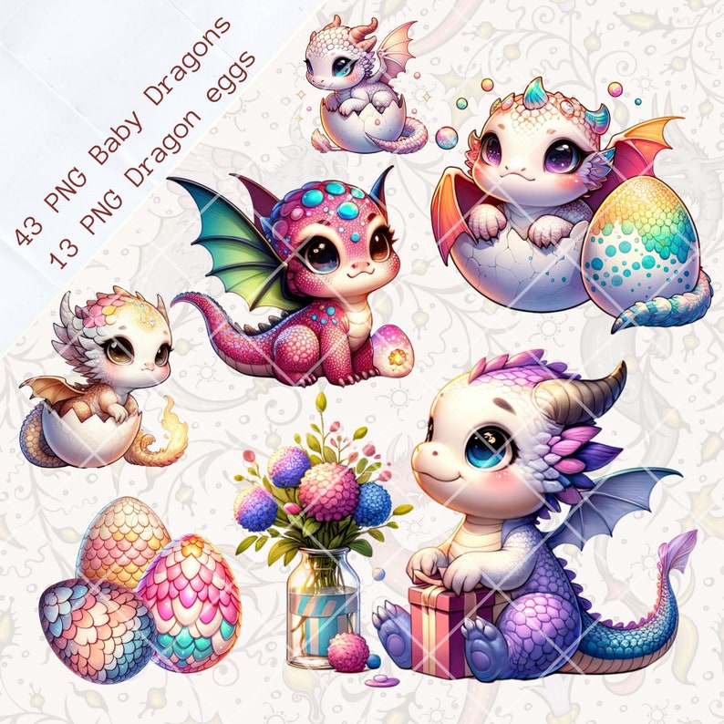 Watercolor Baby Dragon Clipart Bundle, Cute Baby Dragon, Dragon Egg ...