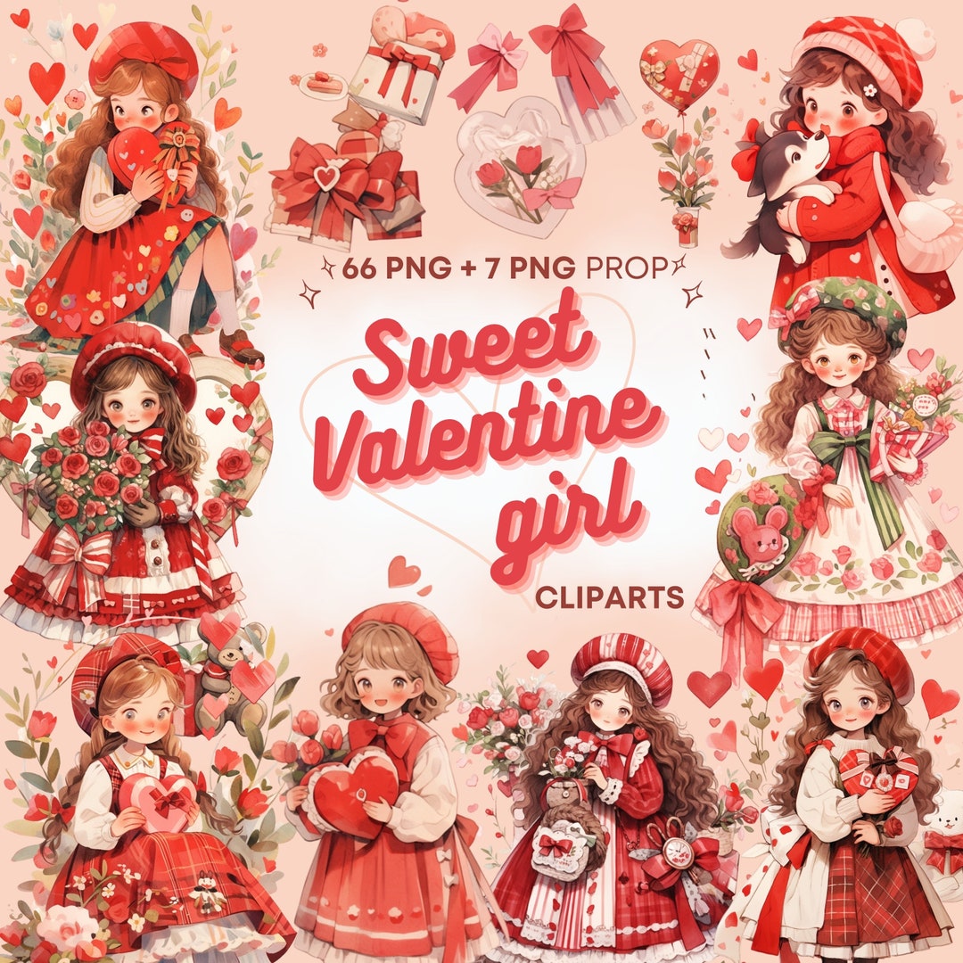 Valentines Day Clipart Bundle, PNG, Cute Little Valentine Girl With ...