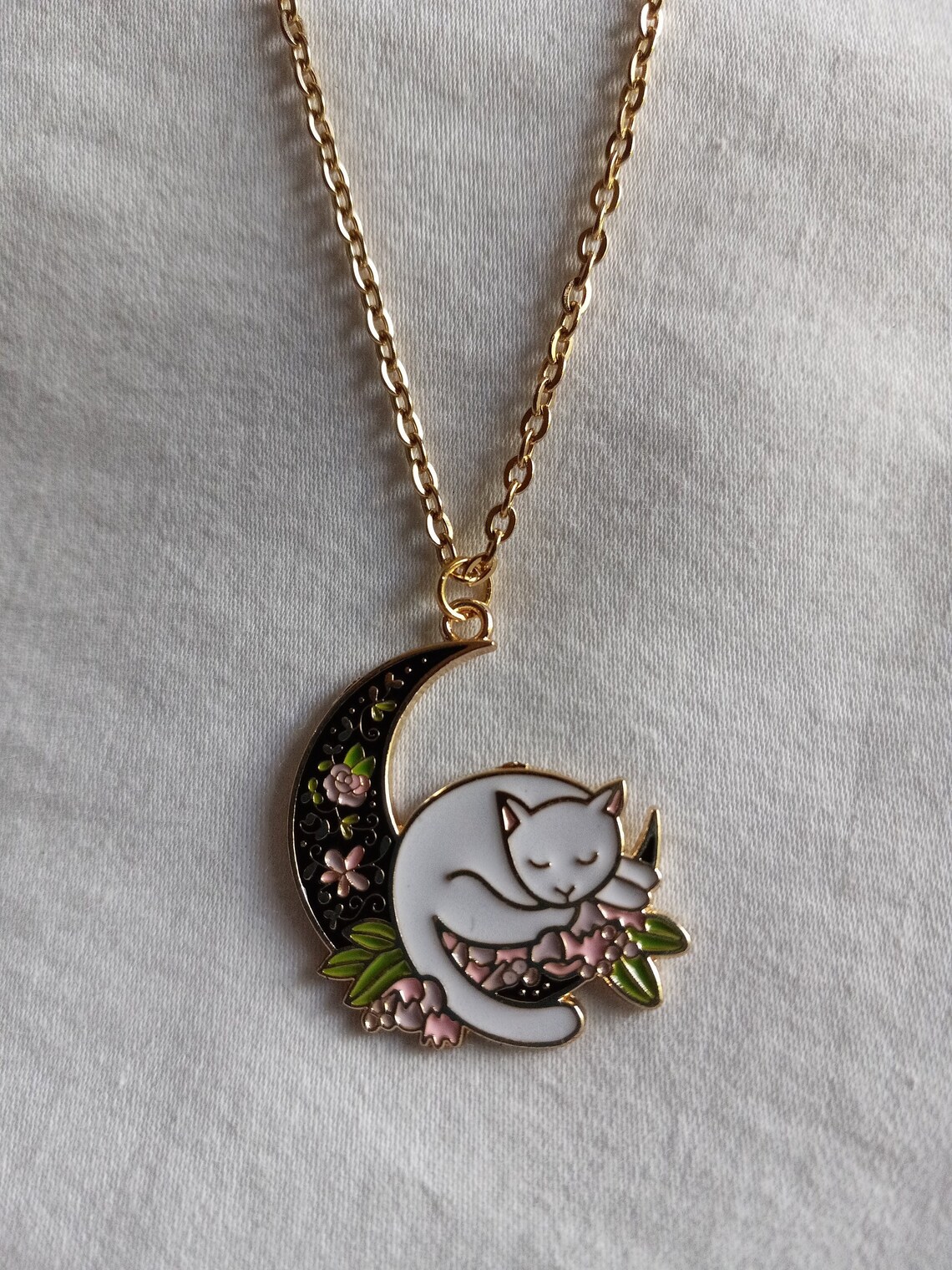Cat on Moon Necklace, White Sleeping Cat, Floral Crescent Pendant - Etsy