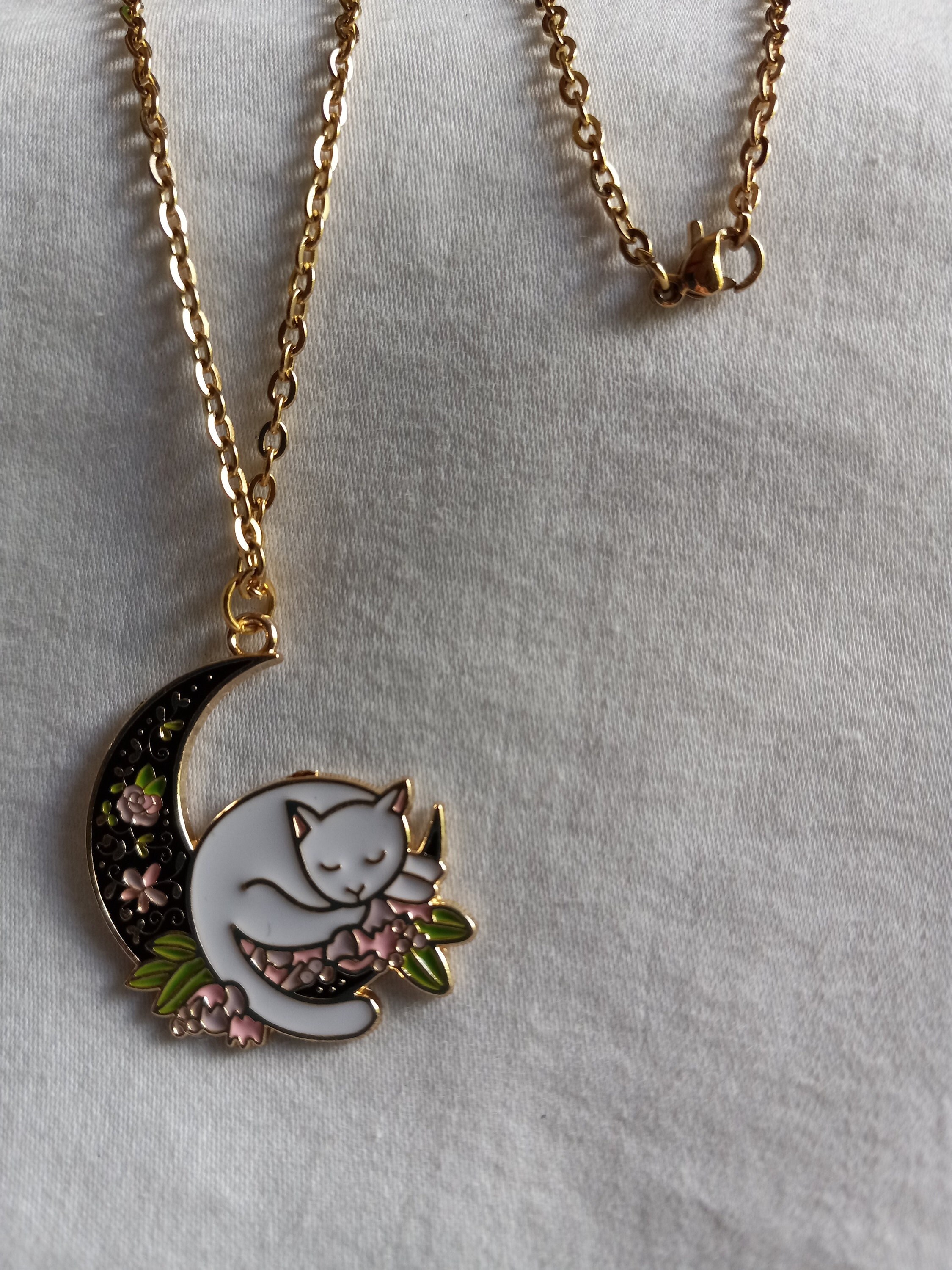 Cat on Moon Necklace, White Sleeping Cat, Floral Crescent Pendant - Etsy