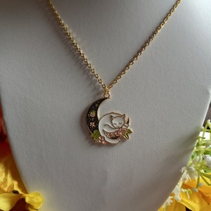 Cat on Moon Necklace/cat on Moon Pendant/white Sleeping Cat on Black ...