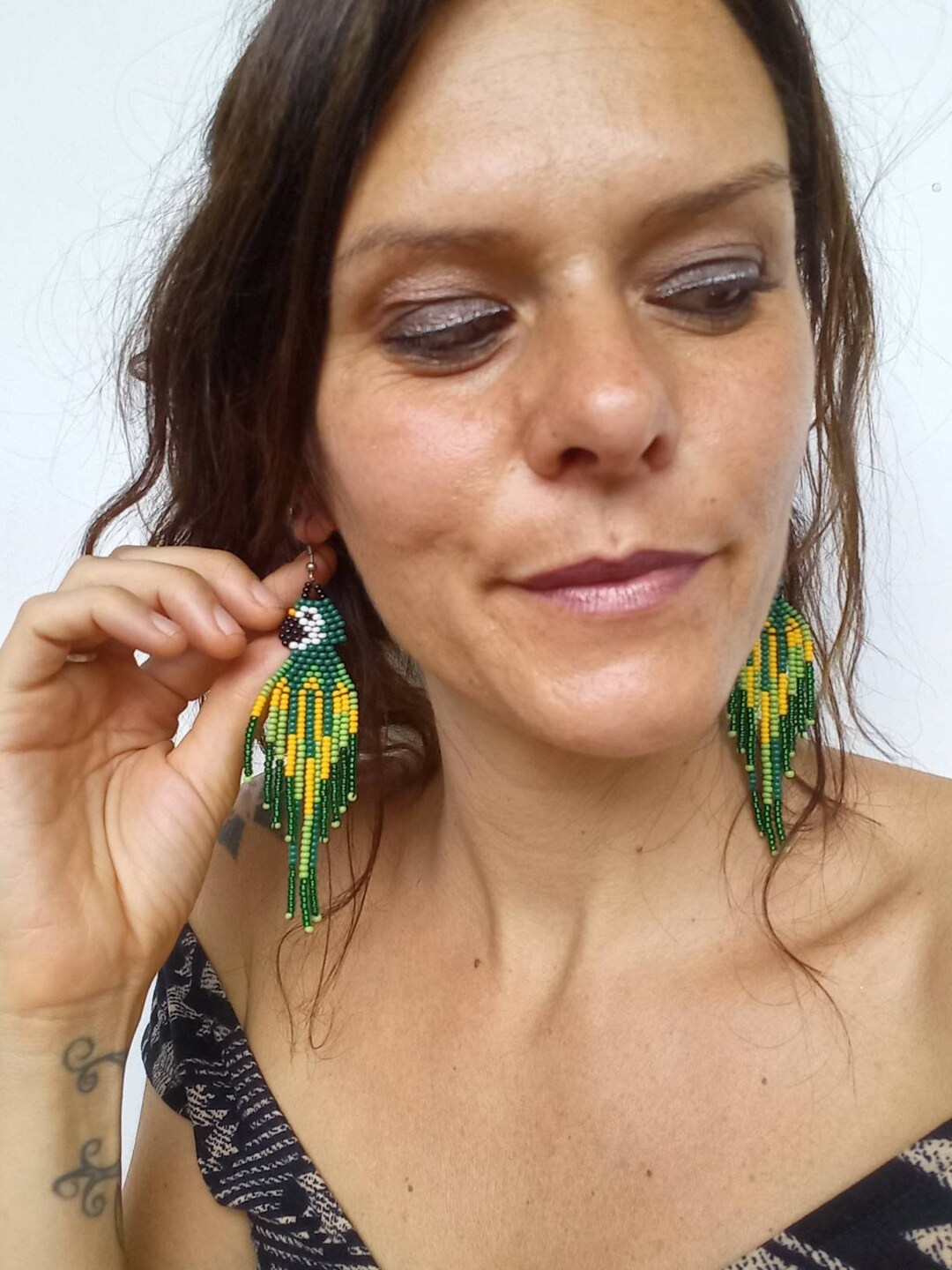 Green Yellow Guacamayo Parrot Beaded Colorfull Earrings Ayahuasca ...