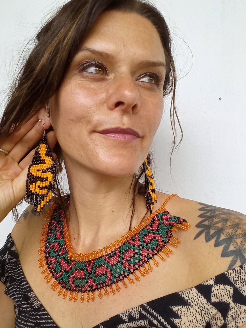 Tribal Jewelry Shipibo Beads Set Necklace Bracelet Feathers Flowers ...
