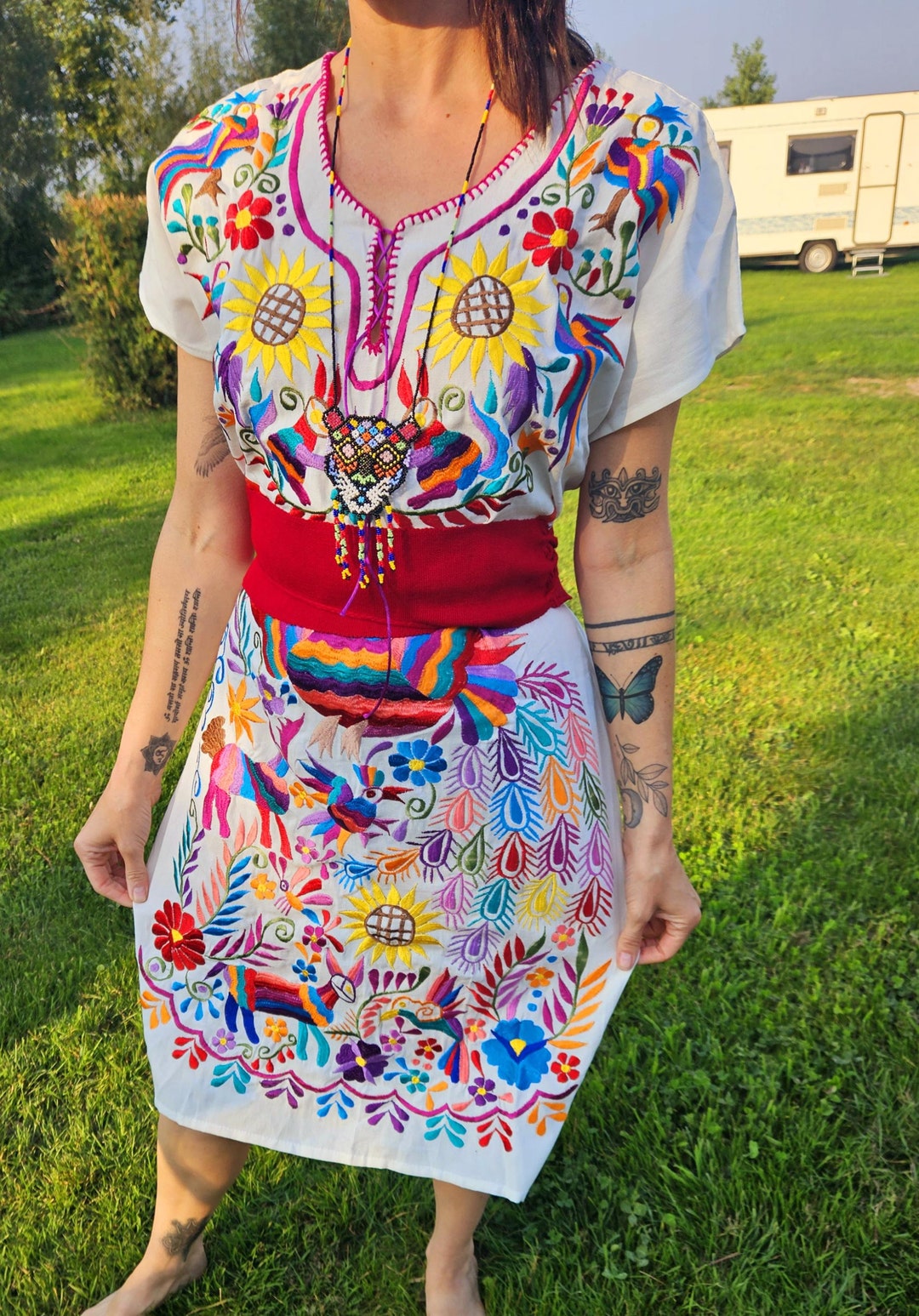 Temazcal White Ceremonial Dress Embroided Flowers With Red Chumpi Belt ...