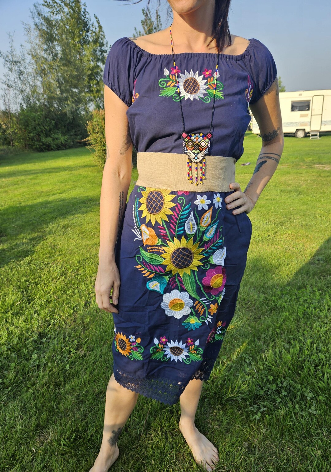 Navy Blue Ceremonial Dress Handstitched Azteca Codes With Chumpi Belt ...