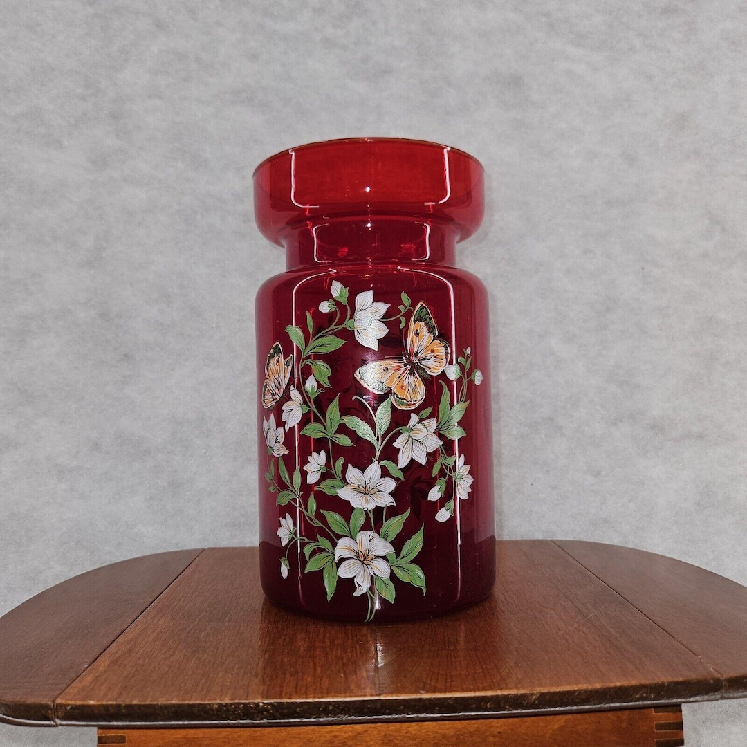 Ruby Red Cranberry Apothecary Canister Floral Butterflies Made in Italy ...