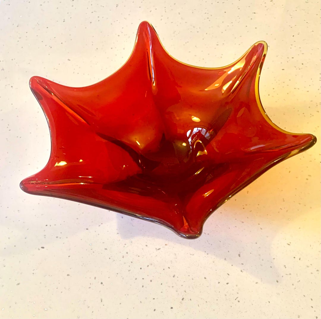 Vintage Murano Italy Pointed Red Glass Bowl With Yellow Glass Edging ...