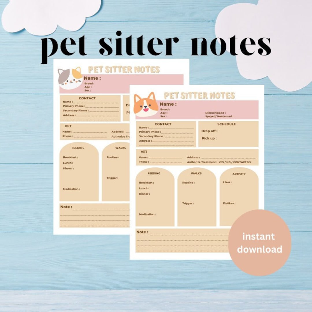 Pet Sitter Notes Digital Download | Dog Sitter Instruction | Pet Notes ...