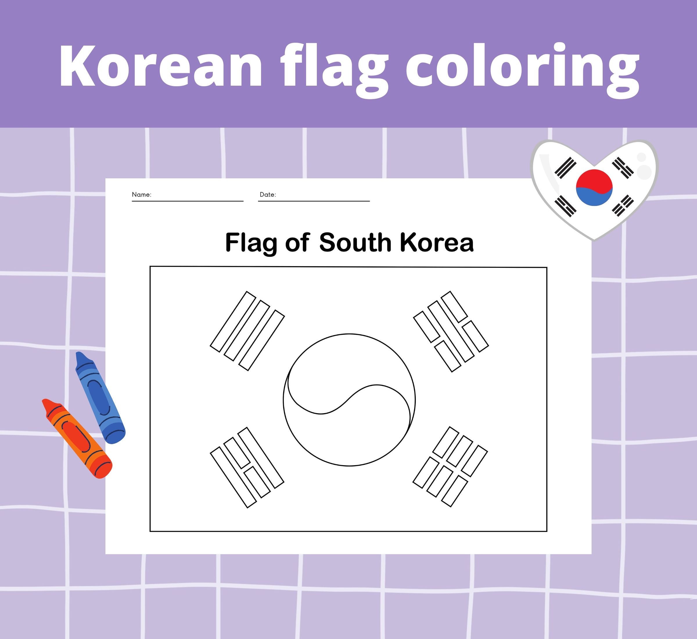 South Korean Flag Coloring Sheet Korean Activity File Png - Etsy