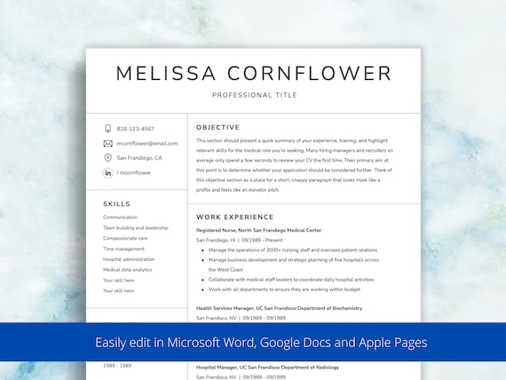 Professional Resume Template Google Docs Resume CV | Etsy