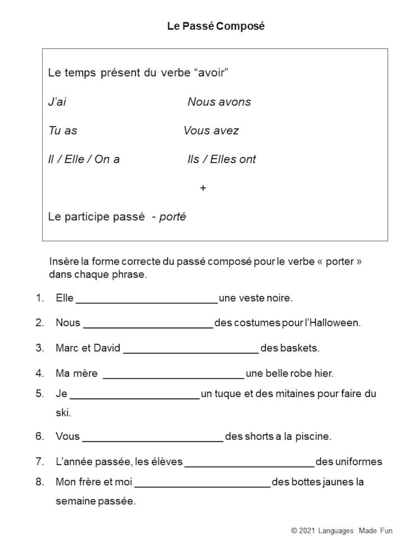 Le Verbe Porter Passé Composé Etsy