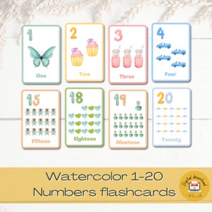 Watercolor 1-20 Numbers Flashcards Preschool Math Homeschool Counting ...