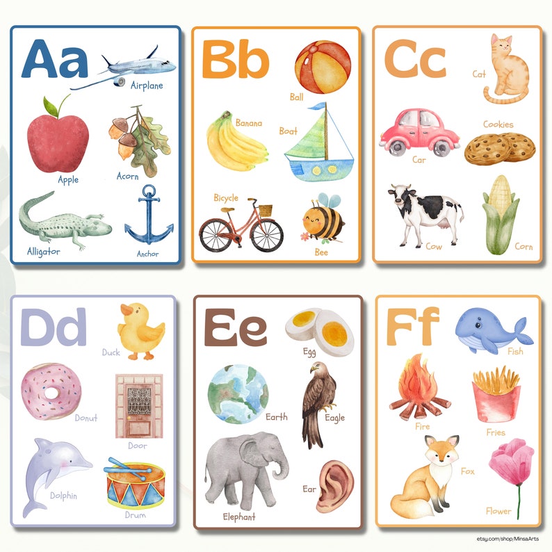 Flashcards for Kids Phonics Flashcards ABC Watercolor Cards - Etsy