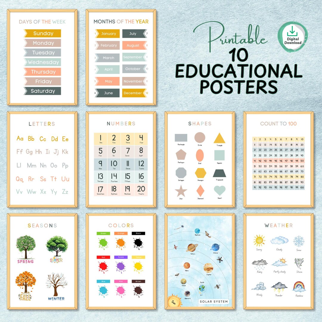 Set of 10 Educational Posters for Kids – PRINTABLE Alphabet, Numbers ...
