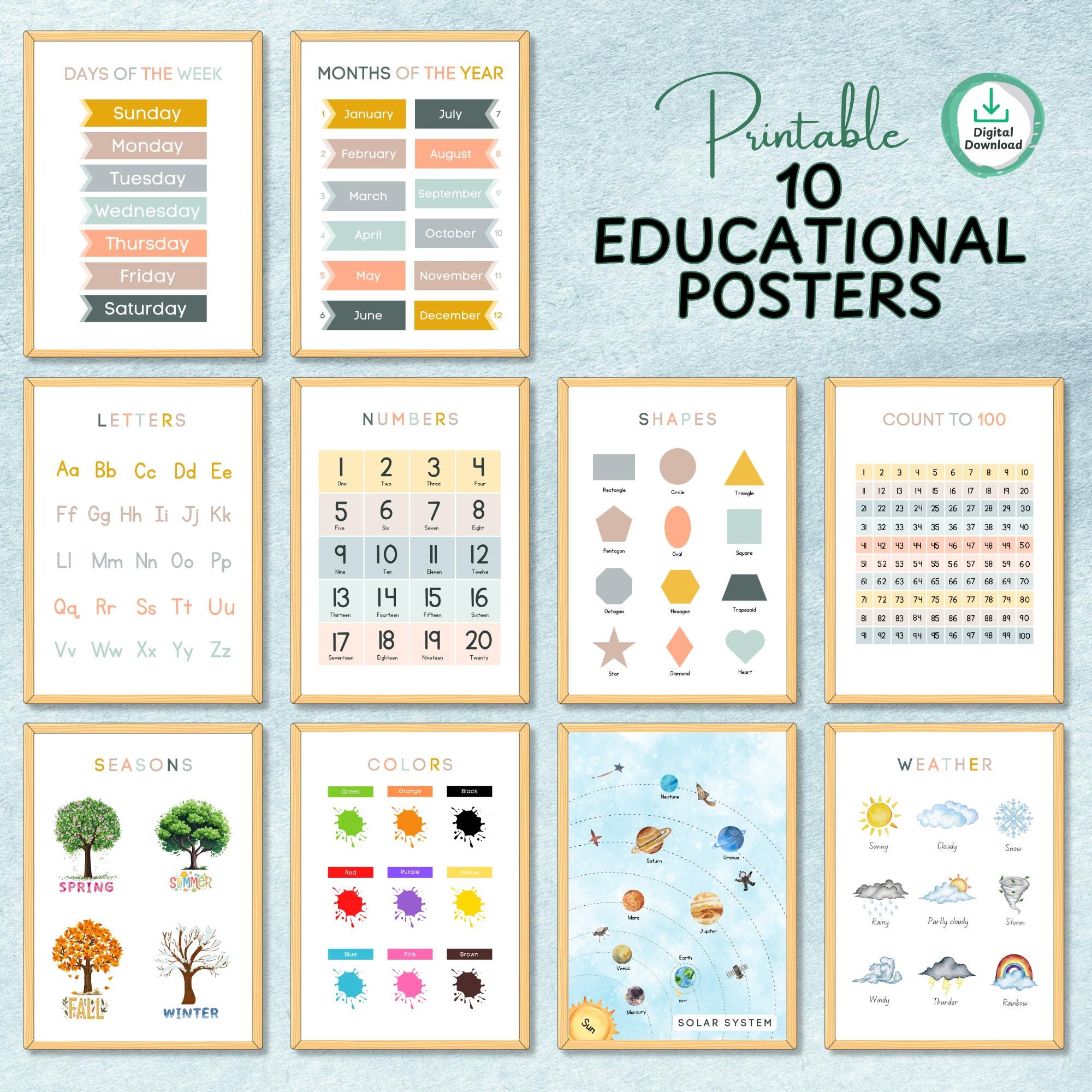 Educational Posters for Kids: Alphabet, Numbers, Solar System (PDF) - Etsy