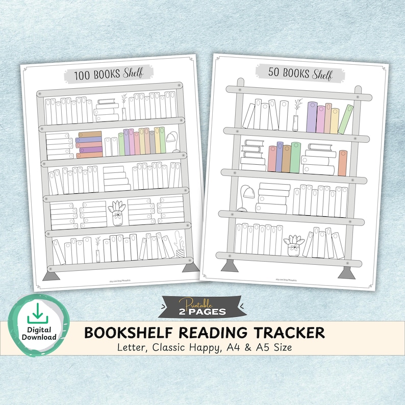 Bookshelf Reading Tracker PRINTABLE | Track 50 & 100 Books | Book Log ...