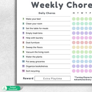 Kids Weekly Chore Chart, Printable Kids Daily Routine, Boost Kids ...