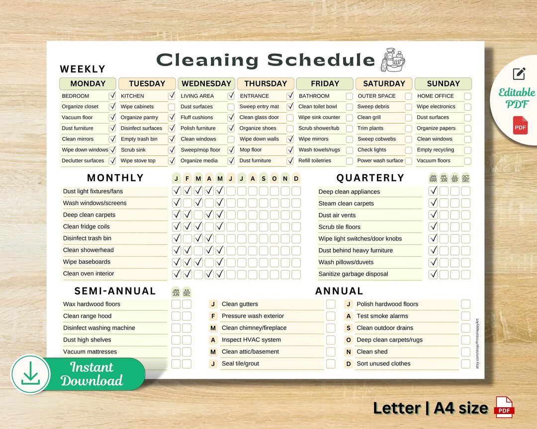 Buy EDITABLE Cleaning Schedule PRINTABLE Yearly Deep Cleaning Weekly ...